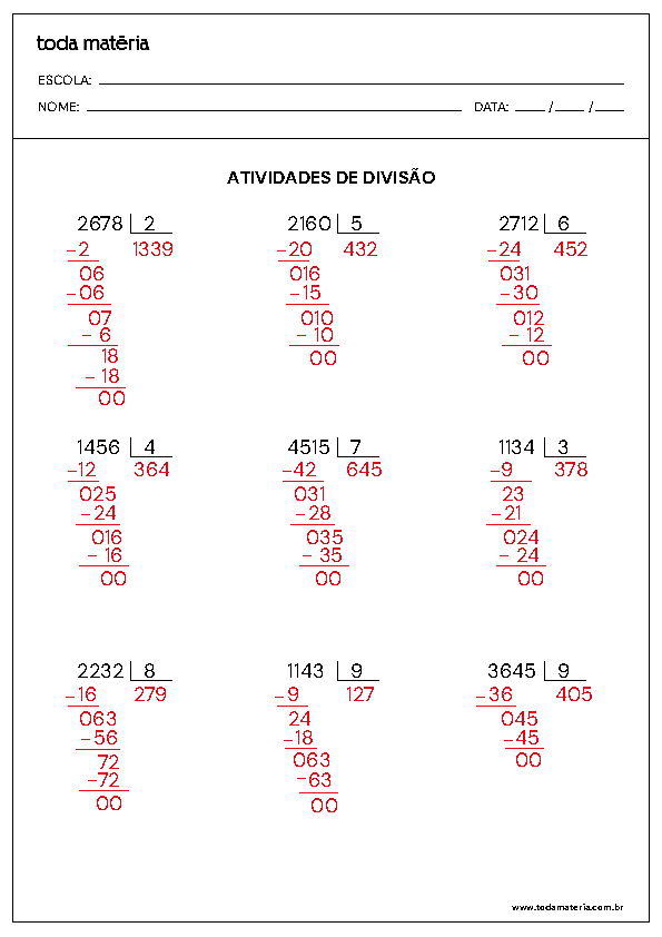 Atividades de divisão (para imprimir) - Toda Matéria