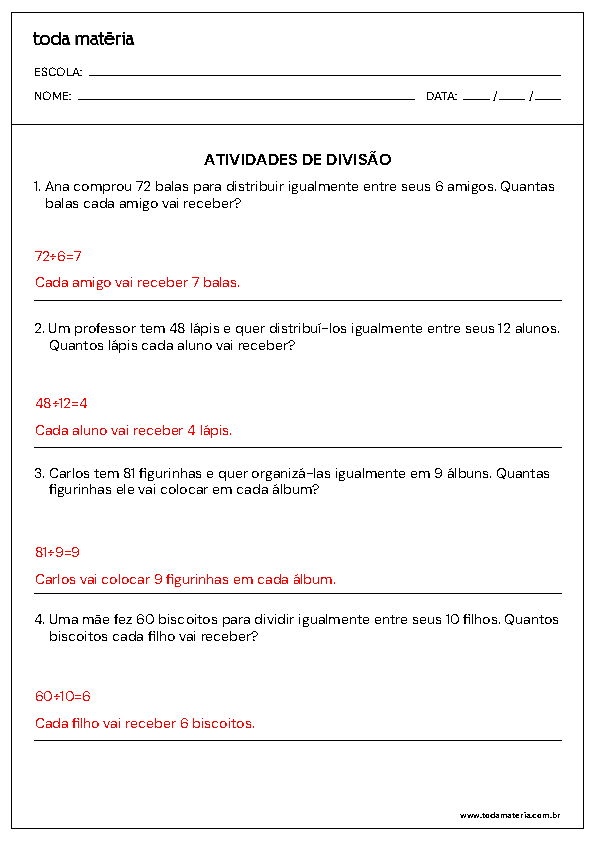 Atividades de divisão (para imprimir) - Toda Matéria
