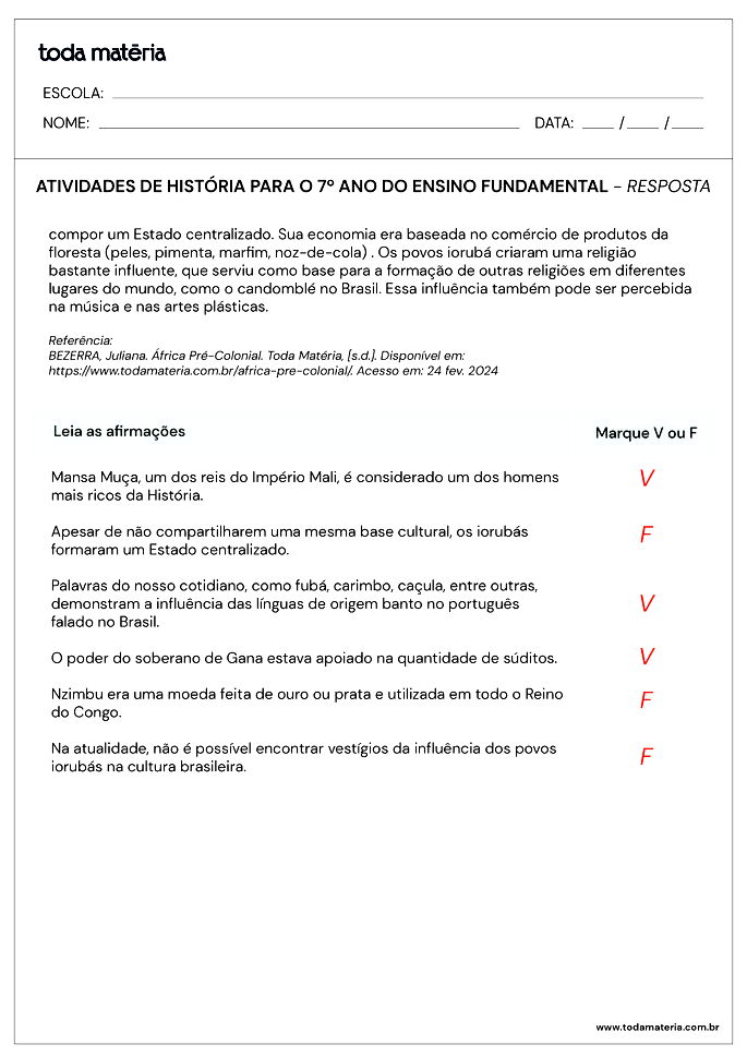 Atividades de História para o 7º ano (com respostas) - Toda Matéria