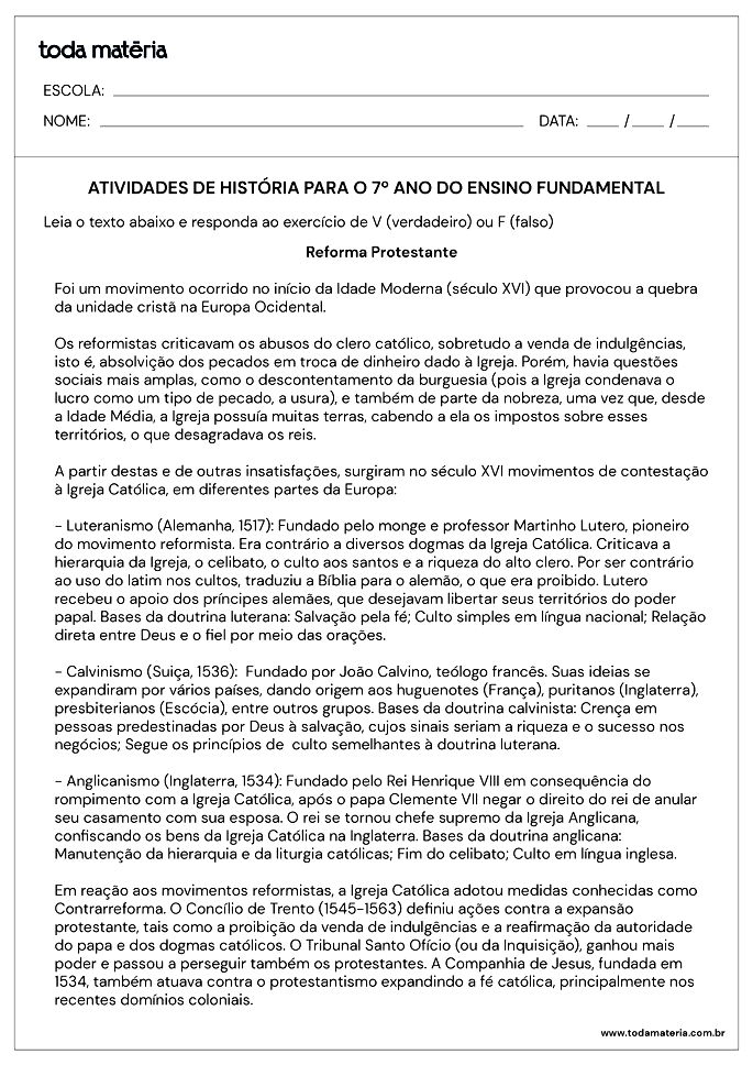 Atividades de História para o 7º ano (com respostas) - Toda Matéria